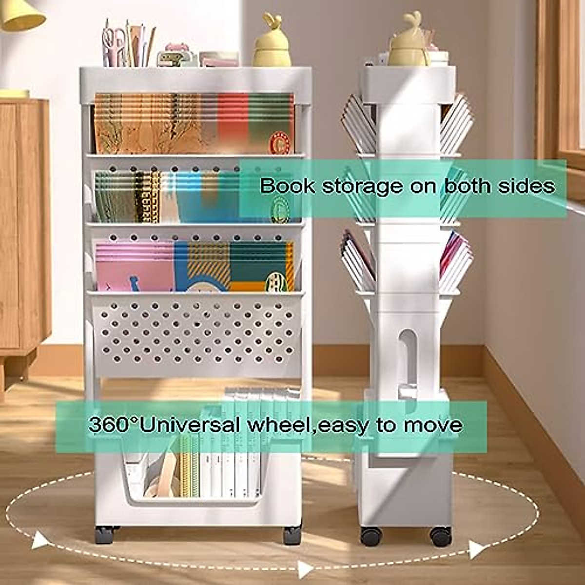 5 Tier Mobile Bookshelf, Removable Movable Unique Bookcase, Utility Organizer White Bookshelves with Wheels for Kids Children Students Study at Home School Bedroom Living Room