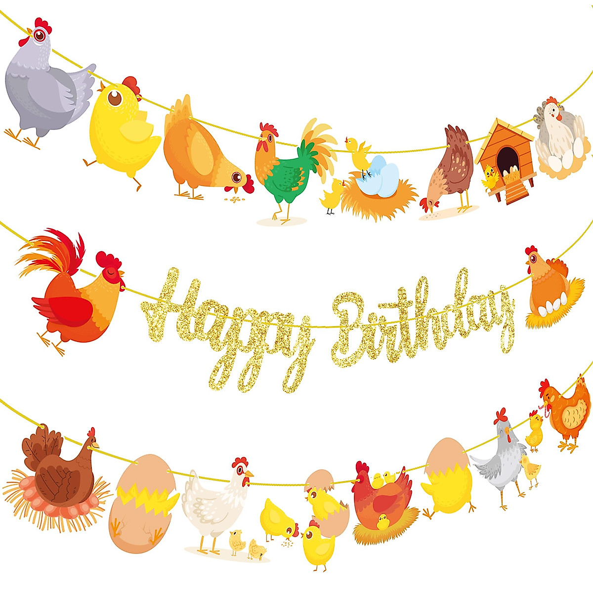 Chicken Birthday Banners 3PCS Chicken Birthday Party Decorations Glitter Gold Chicken Farm Birthday Party Supplies for Chick Backyard Theme Baby Shower Decorations