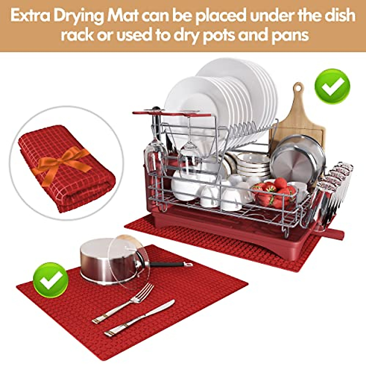 Qienrrae Large Dish Drying Rack with Drainboard Set, Stainless Steel Dish Rack with Drainage, Wine Glass Holder, Utensil Holder and Extra Dryer Mat, 2 Tier Dishes Rack for Kitchen Counter, Red