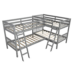 Harper & Bright Designs L-Shaped Twin Size Bunk Bed and Loft Bed, Solid Wood Twin Bunk Bed Loft Bed with Guardrail and Two Ladders for 4 Person (Grey)