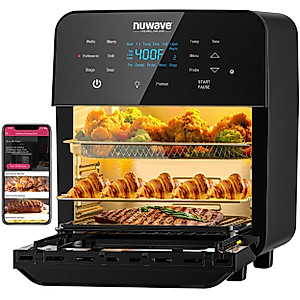 Nuwave Brio Air Fryer Smart Oven, 15.5-Qt X-Large Family Size, Countertop Convection Rotisserie Grill Combo, SS Rotisserie Basket & Skewer Kit, Reversible Ultra Non-Stick Grill Griddle Plate Included