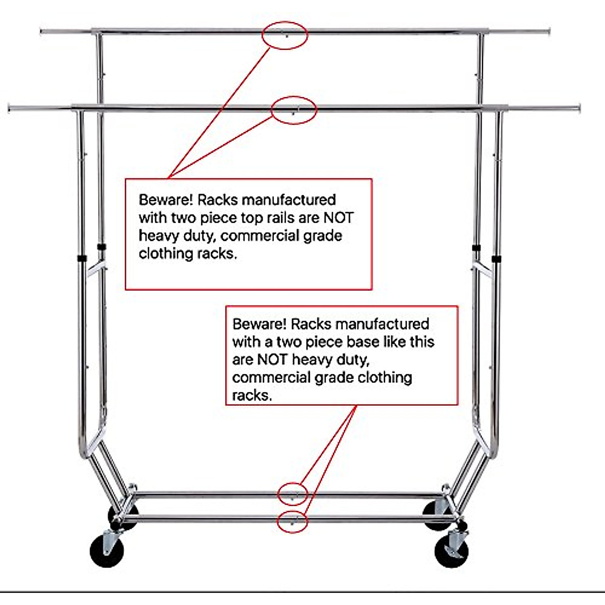 Only Garment Racks Commercial Grade Double Rail Rolling Clothing Rack, Heavy Duty - Designed with Solid"One Piece" Top Rails and Base. Heavy Gauge Steel Construction, Rack Weighs 39 Lbs.