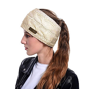 Muryobao Women Winter Warm Headband Fuzzy Fleece Lined Thick Cable Knit Head Wrap Ear Warmer Black & Beige