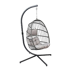Flash Furniture SDA-AD608001-GY-GG Cleo Patio Hanging Egg Chair, Wicker Hammock with Soft Seat Cushions & Swing Stand, Indoor/Outdoor Cushions, Gray