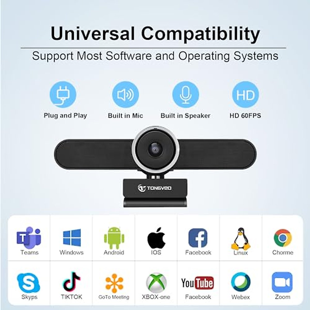TONGVEO Wide Angle Webcam with Microphone and Speaker, Conference Room USB 1080P 60fps Web Camera for Smart TV Computer Video Call Streaming Meeting, Works for Microsoft Teams, Zoom, PC