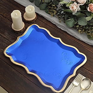 Efavormart 10 Pack | Elegant Royal Blue/Gold Rim Disposable Serving Trays, Heavy Duty 400 GSM Paper Rectangular Party Platters - 14"X10"