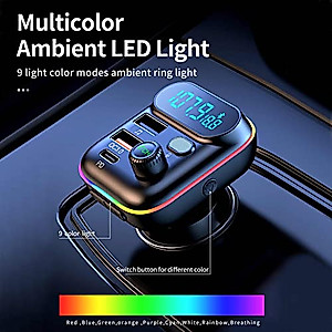 Bluetooth Adapter for Car, Wireless FM Radio Transmitter, Wireless Bluetooth 5.0, MP3 Music Player, QC3.0 + PD 20W USB Car Charger, 7 Colors LED Backlit