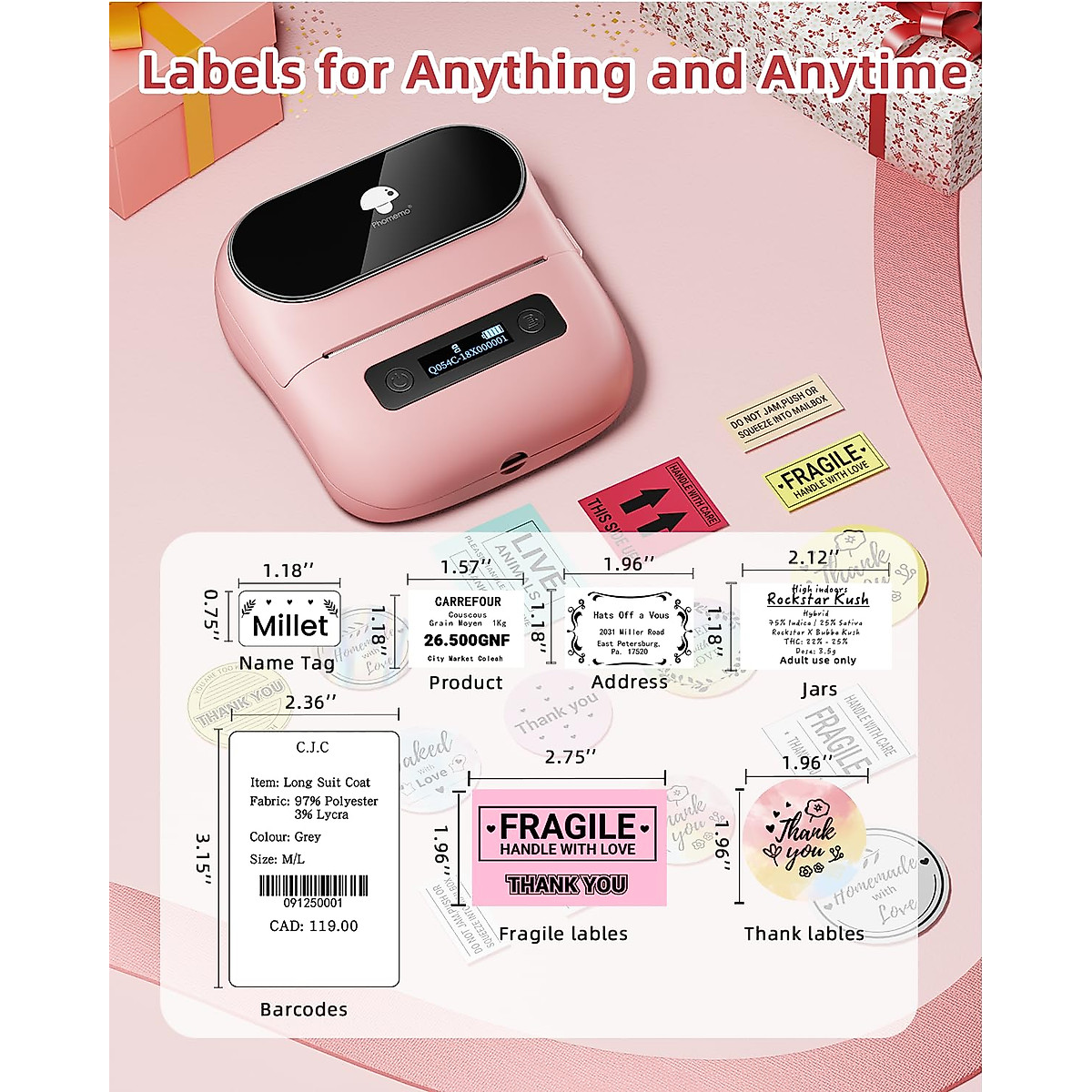 Phomemo Label Printer - M220 Label Maker, Bluetooth Mini Barcode Printer, 3 Inch Wireless Portable Sticker Maker Machine for Mailing, Storage, Address, Clothing, Home, Office,Pink