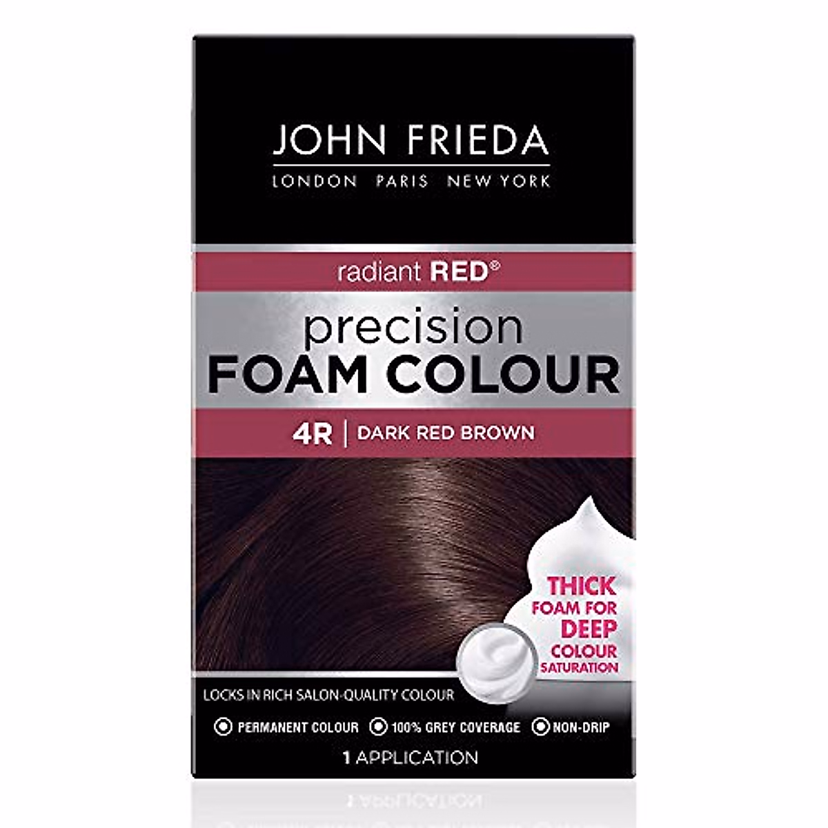 John Frieda Precision Foam Colour, Dark Red Brown 4R, Full-Coverage Hair Color Kit, Anti-Fade Gray Coverage, Deep Color Saturation Hair Dye, 1 Application