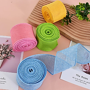 TONIFUL 4 Rolls Easter Ribbon, Burlap Wired Ribbons, Yellow, Pink, Baby Blue, Green, Faux Burlap Ribbon, for Easter Home Decor Wreath Front Door Gift Wrapping Tree Topper Bow Crafts (2 Inch x 40 yds)