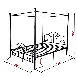 ZIRUWU Metal Four Post Canopy Bed Frame Queen Size with Headboard and Footboard,No Box Spring Needed,Black