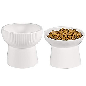 Qucey Ceramic Cat Food and Water Bowl Set, Raised Tilted Cat Feeder Dishes with Stand, Elevated Pet Food Bowl for Cats and Small Dogs, Anti Vomiting & Reduce Neck Burden