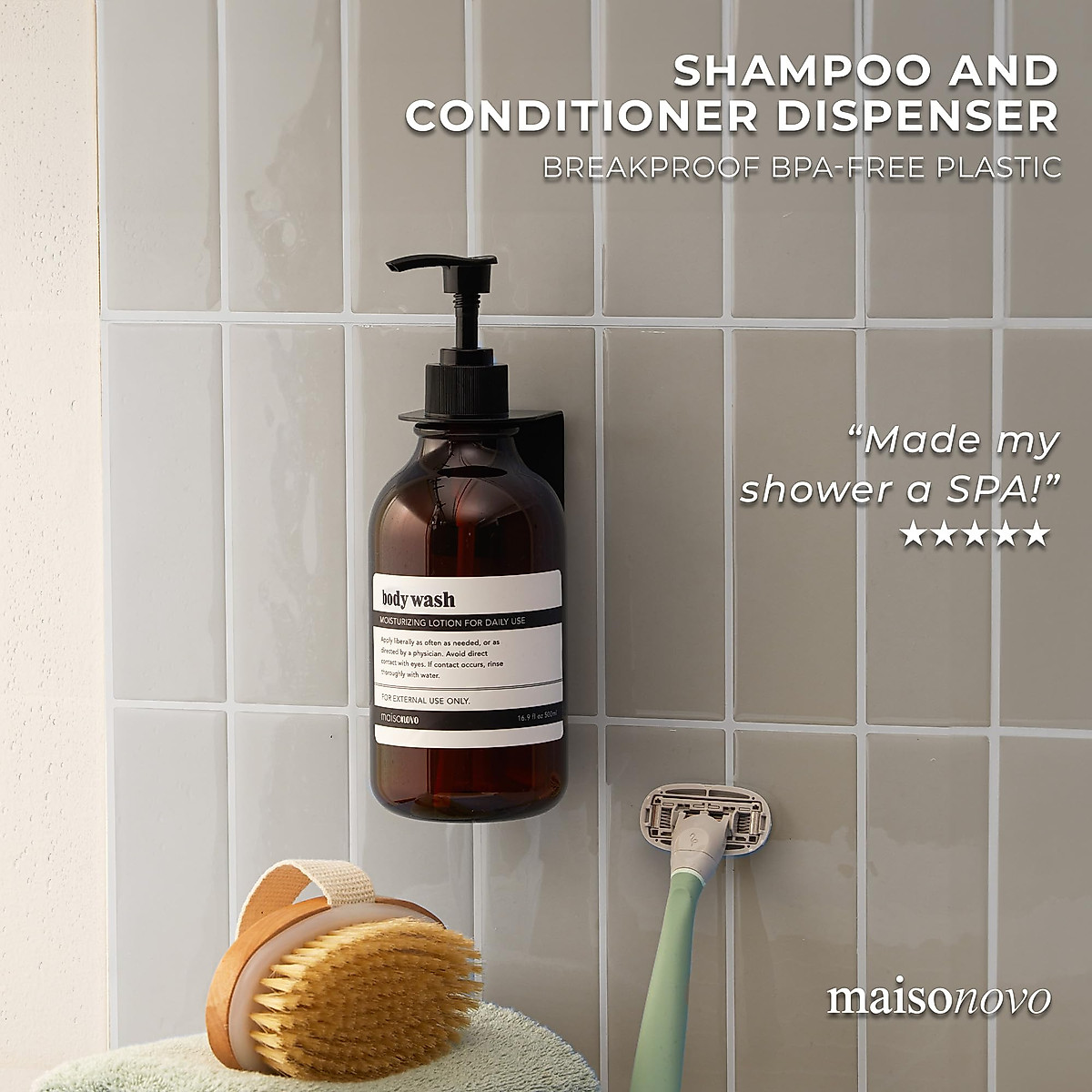 MaisoNovo Shampoo and Conditioner Dispenser with Wall Mounts - 3 Black Plastic Bottles & 1 Amber Plastic Bottle