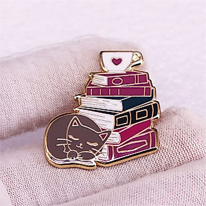 AFSJEEP Cat Book Coffee Enamel Lapel Pin Cute Animal Brooch Cartoon Badges Lazy Gift Women Men Clothing Bag Accessories