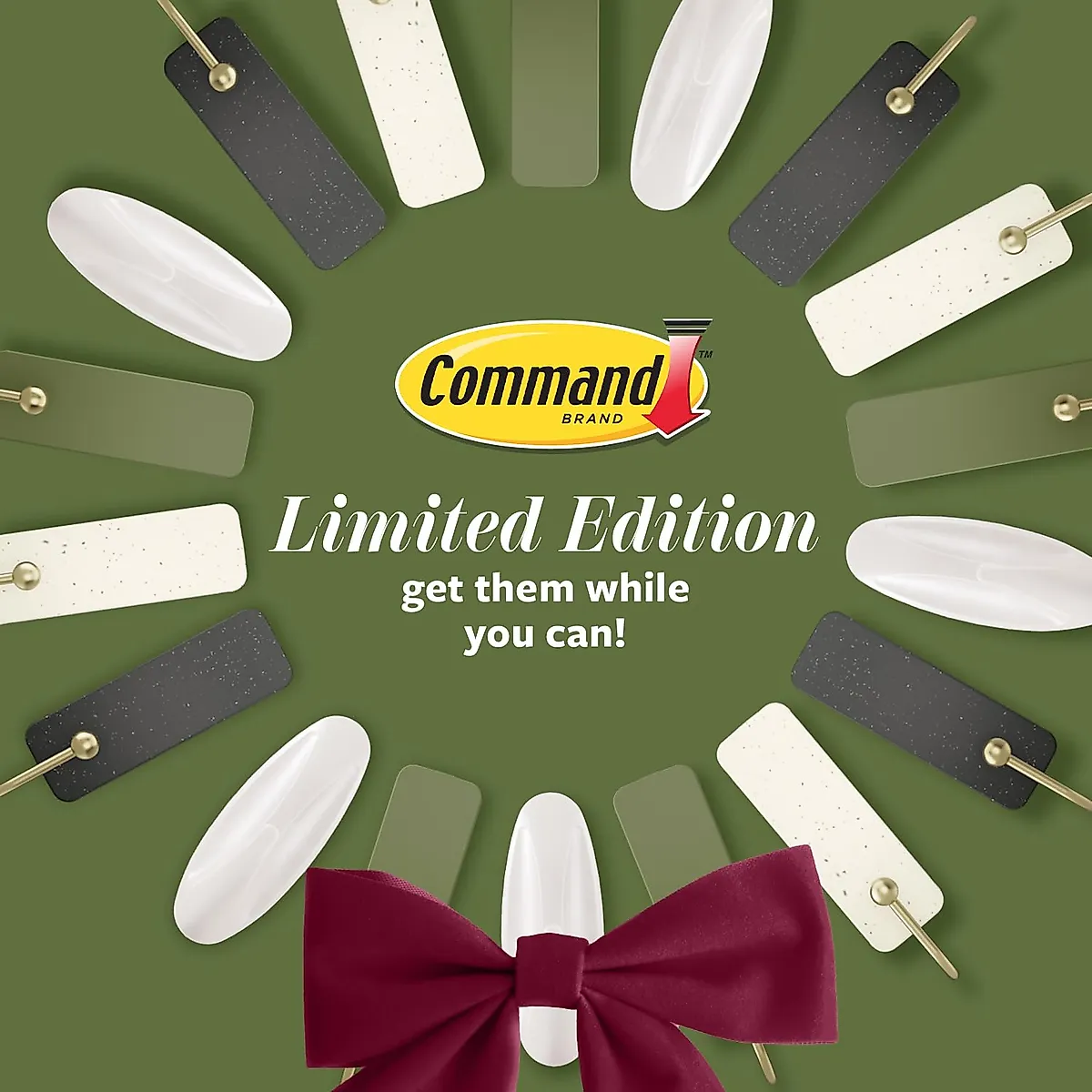 Command Mixed Hooks Pack, 10 Sage Hooks, 12 Strips (2 Medium Hooks, 8 Spring Clips), Wall Hooks for Hanging Christmas Decorations