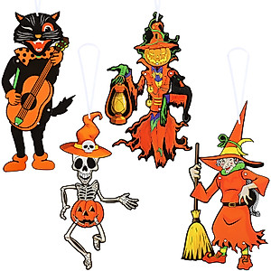 Vintage Halloween Party Decoration Jointed Figures Halloween Door Hangers Halloween Jointed Witch Pumpkin Skeleton Black Cat Paper Cutouts for Halloween Party Door Wall Ornaments