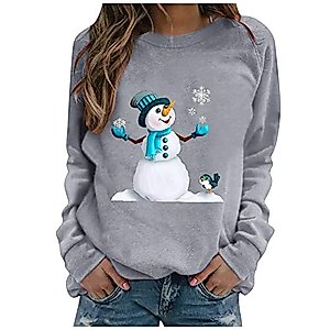 COOKI Christmas Pullover Sweatshirts for Womens Christmas Funny Snowman Print Crewneck Long Sleeve Sweater Casual Tops Shirts Gray