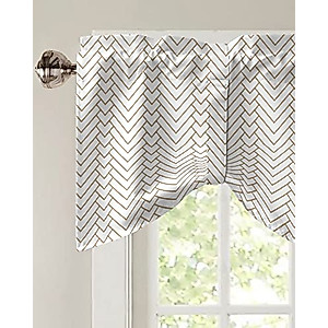 Semi Sheer Valance Adjustable Kitchen Valance for Windows, Modern Herringbone Geometric White and Gold Valances for Bathroom Bedroom Living Room, Tie-up Rod Pocket Decorative Window Curtain 42"x18"