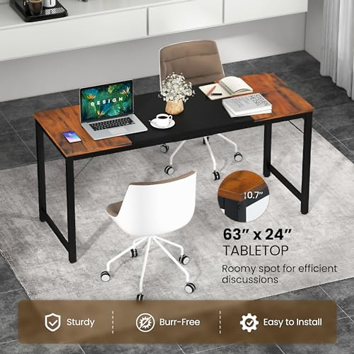 Tangkula 63” x 24” Conference Table, Meeting Table with Metal Frame & Adjustable Foot Pads, Seminar Boardroom Table, Training Table for Office, Black & Rustic Brown