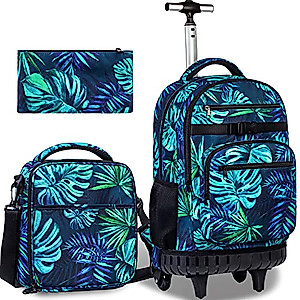 FTJCF 3pcs Rolling Backpack for Men, 21 Inche Adult Bag with Roller Wheels, Wheeled Bookbag Set for Boys - Green