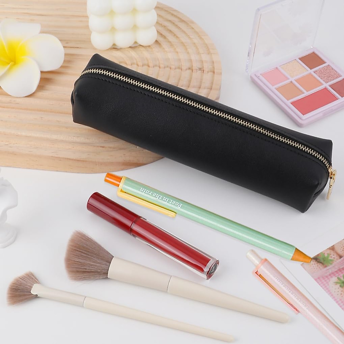 Oyachic Pencil Case PU Leather Cosmetic Makeup Bag Work Small Pen Pouch Zipper Storage Box Adults Desk Organizer Pens,Pencils,Markers
