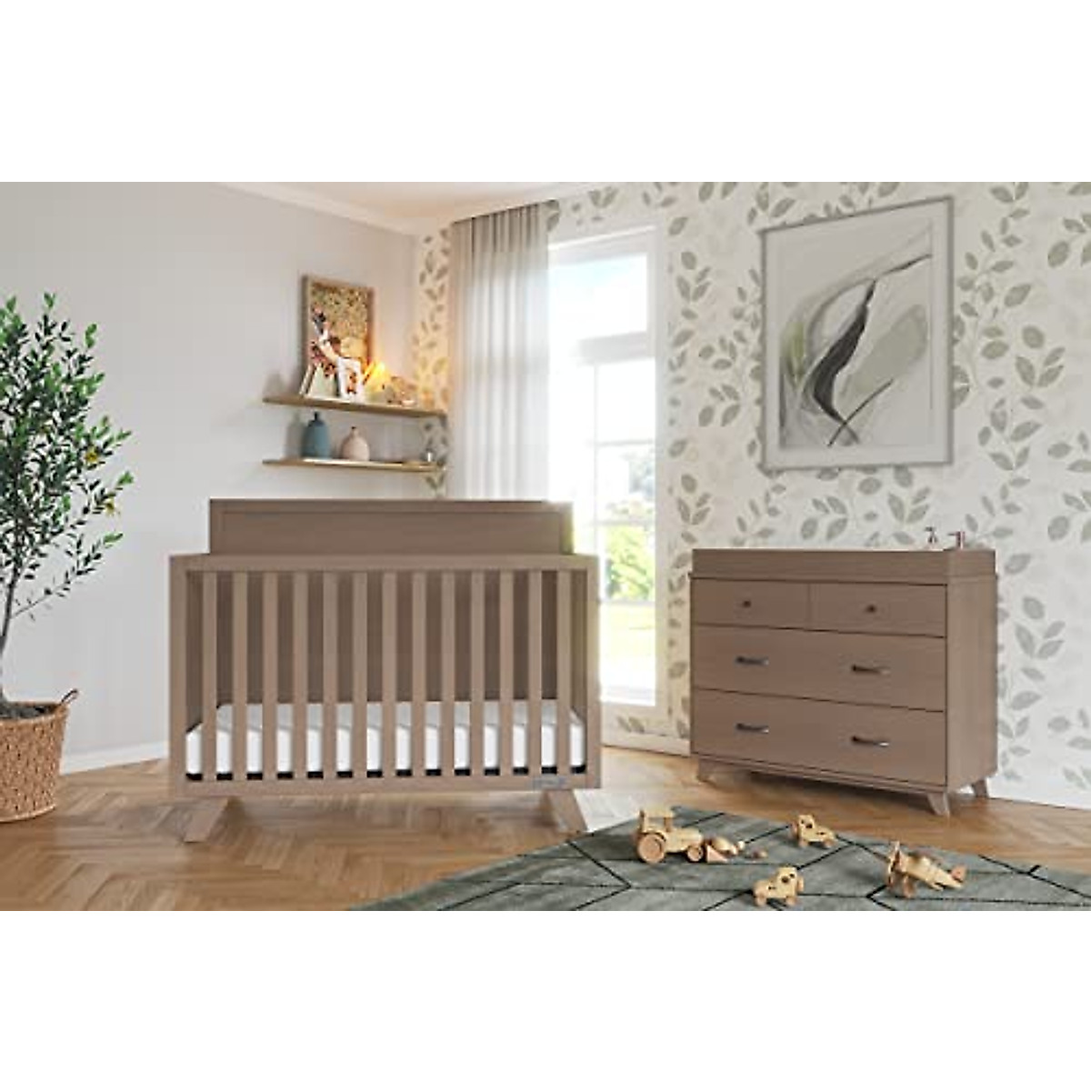 Child Craft SOHO 4-in-1 Convertible Crib with Flat-Top Headboard, Mid-Century Modern Baby Crib, Dusty Heather