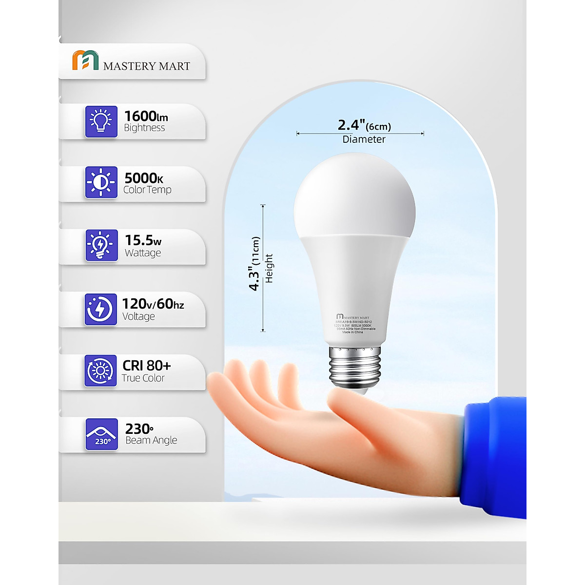 MASTERY MART A19 Light Bulbs, 100W Equivalent, 5000K Daylight White, E26 Base, 14W 1500 Lumens Led Bulbs, Non-Dimmable, Energy Star, UL Listed, Lighting for Bedroom Living Room Home Office-12 Pack