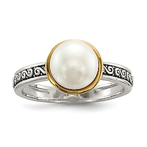 Solid 925 Sterling Silver Stackable 14k Yellow Gold Stackable Vintage Antiqued 8mm Button Freshwater Cultured Pearl Set of 3 Engagement Rings Size 7