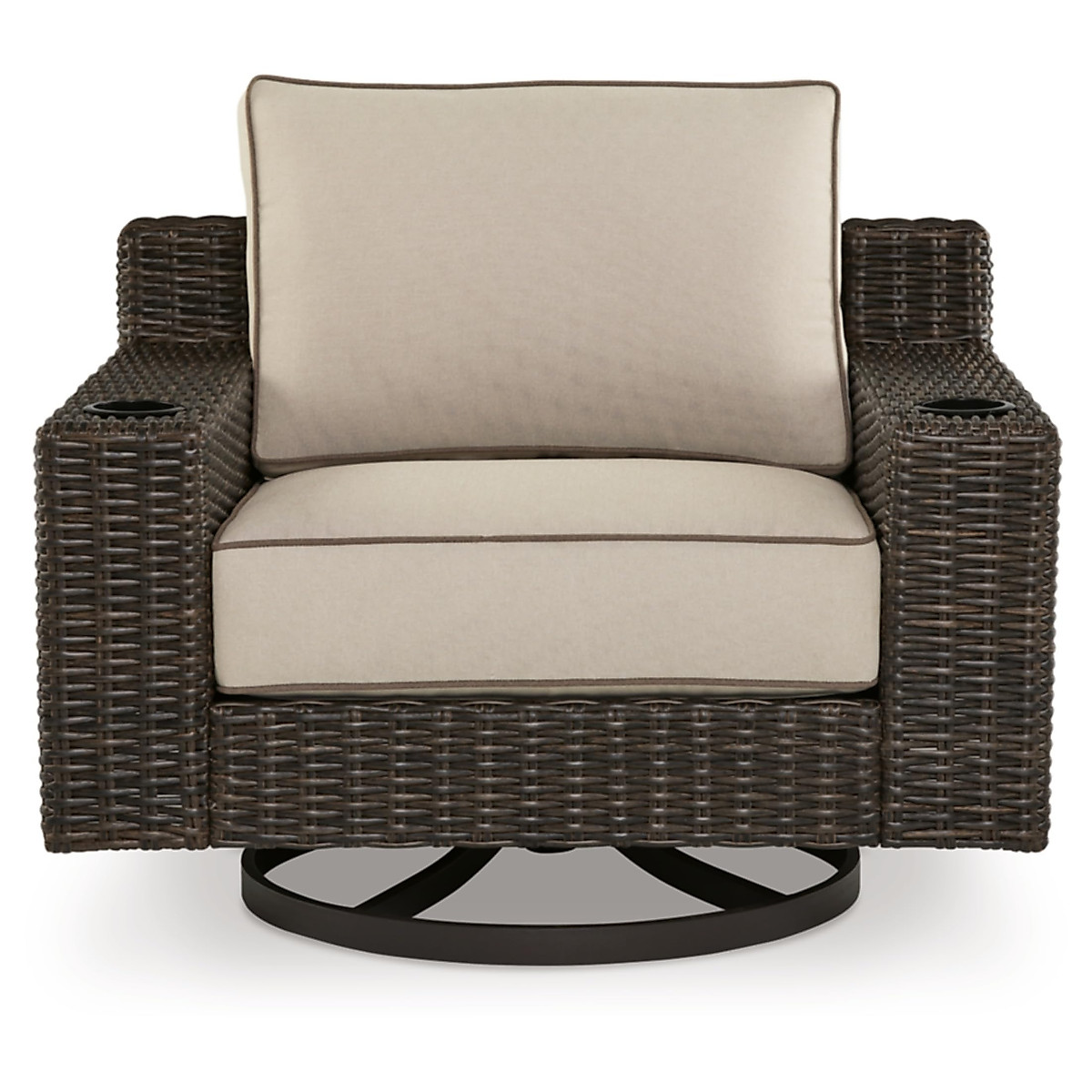 Signature Design by Ashley Coastline Bay Casual Outdoor Swivel Lounge with Cushion and 2 Cup Holders, Beige & Dark Brown