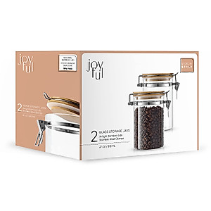 JoyJolt Borosilicate Glass Jars With Bamboo Lids (27oz). 2PC Set of Airtight Storage Jars with Clamp Lids for Pantry Storage. Air Tight Sealable Containers for Kitchen Organization.