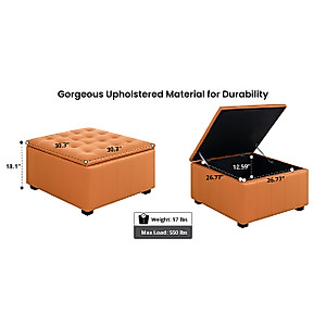 Celine 31" Large Tufted Storage Ottoman with Removable Lid and Storage, Upholstered Square Ottoman Cube Bench / Footrest / Coffee Table, Perfect for Living Room, Bedroom, Entryway, Dorm Room - Caramel