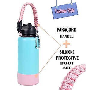 LX-SUNCX Paracord Handle and Silicone Sleeve Boot Compatible with Hydro Flask Wide Mouth Water Bottle (Pearly pink/pink, 32oz-40oz)