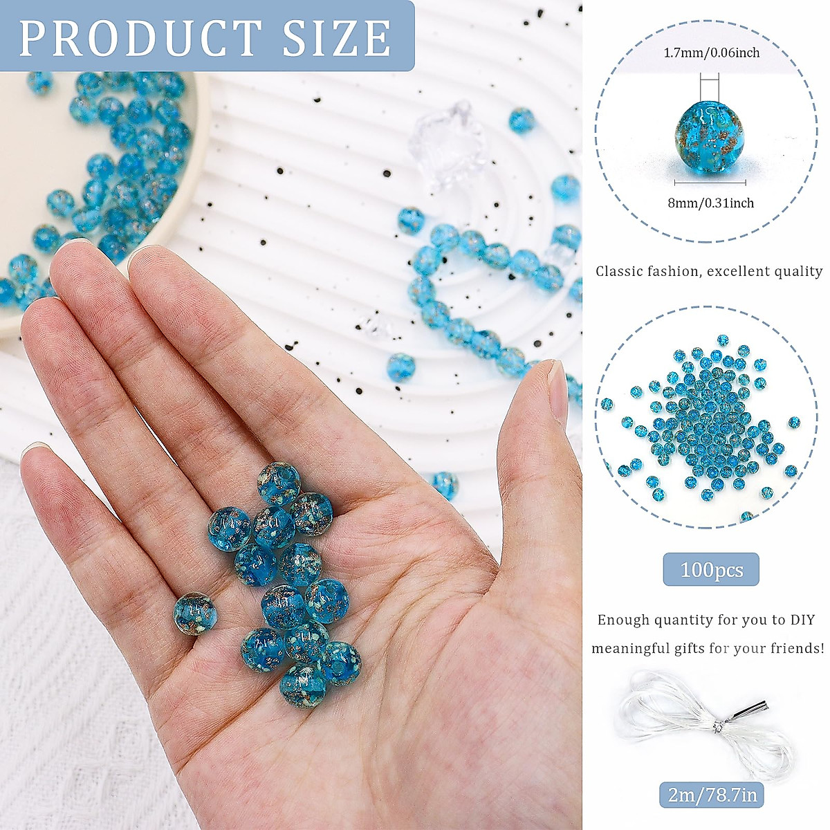 100Pcs Luminous Glass Beads Sky Blue 8mm Round Beads Glow Crystal Loose Beads with Rope for DIY Craft Bracelet Jewelry