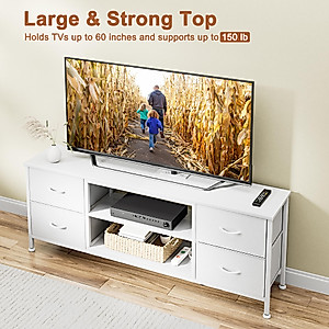 Lulive TV Stand Dresser for Bedroom with Power Outlet & Open Shelf, Media Console Table with 4 Fabric Drawers Storage Organizers (White, 50 Inch TV Stand)