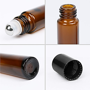 LotFancy Essential Oil Roller Bottles, 6pc 10ml Amber Glass Bottle with Stainless Steel Roller Balls and Caps, Leakproof Perfume Bottles for Travel, Includes 2pc 4ml Droppers