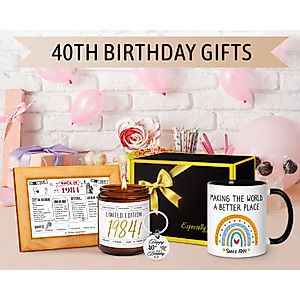 40th Birthday Gifts Women, 40 Year Old Birthday Gifts for Women, 1984 Birthday Gifts, Best Gifts for 40 Year Old Woman, 40th Birthday Gifts Ideas for Mom Sister Aunt with Mug, Candle, Keychain, Poster