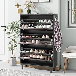 Narrow Shoe Cabinet with 3 Flip Drawers for 24 Pairs Shoes, Natural Wood Top Entryway Organizer with 3 Hooks, Free Standing Shoe Rack with Adjustable Panel for Hallway, 31.5''x9.4''x47.6'',Black&Brown