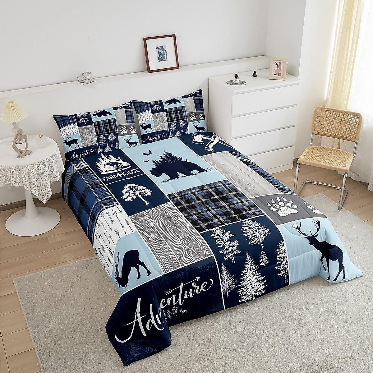 Hunting Bear Deer Quilt,Christmas Buffalo Plaid Comforter Set Twin Size Rustic Cabin Patchwork Bedding Set For Kids Boys Teens Adult,Farmhouse Cowboy Woodland Down Comforter,1 Pillow Case,Blue Grey