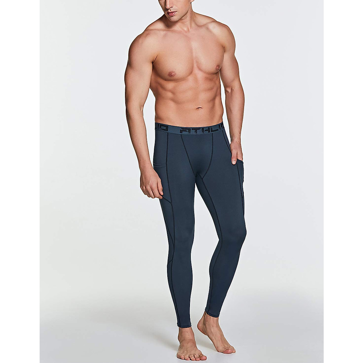 ATHLIO Men's Compression Pants Running Tights Workout Leggings, Cool Dry Technical Sports Baselayer, Pocket 2pack Leggings Black & Neon/Charcoal, Medium