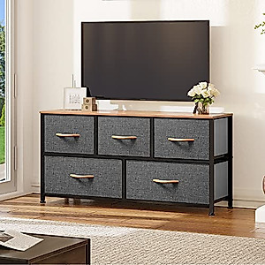 DWVO Dresser TV Stand, Fabric Dresser with 5 Drawers, Dresser for Bedroom, Wide Dresser, Storage Tower, Chest of Drawers for Closet, Living Room, Hallway, Nursery, Dull Grey