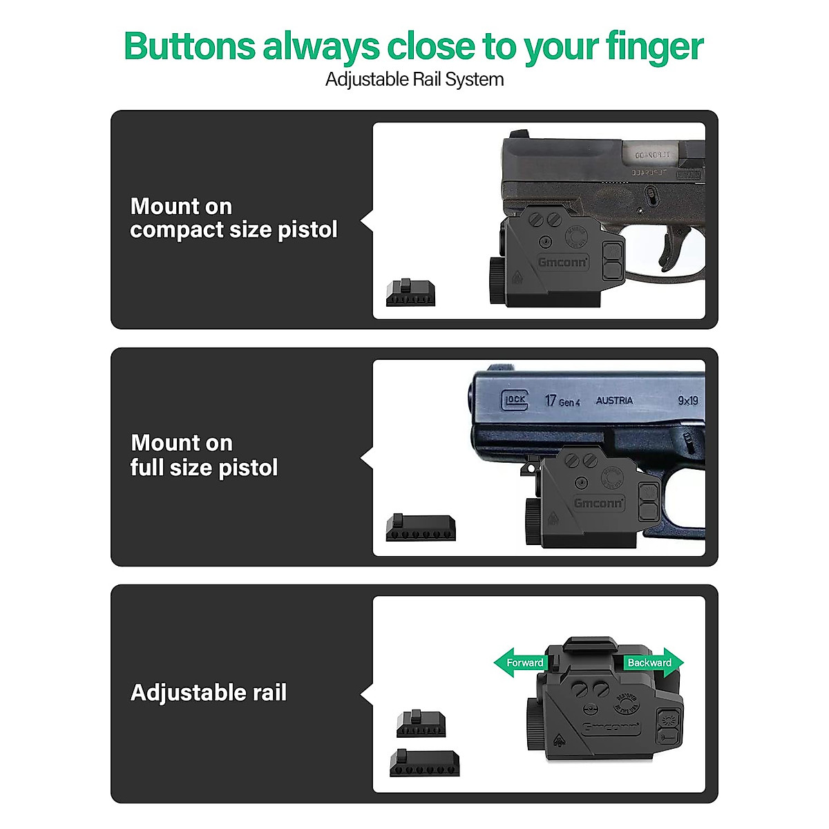 Gmconn Green Laser Light Combo, Tactical Pistol Light 800 Lumen LED Flashlight with Green Beam for Glock Taurus