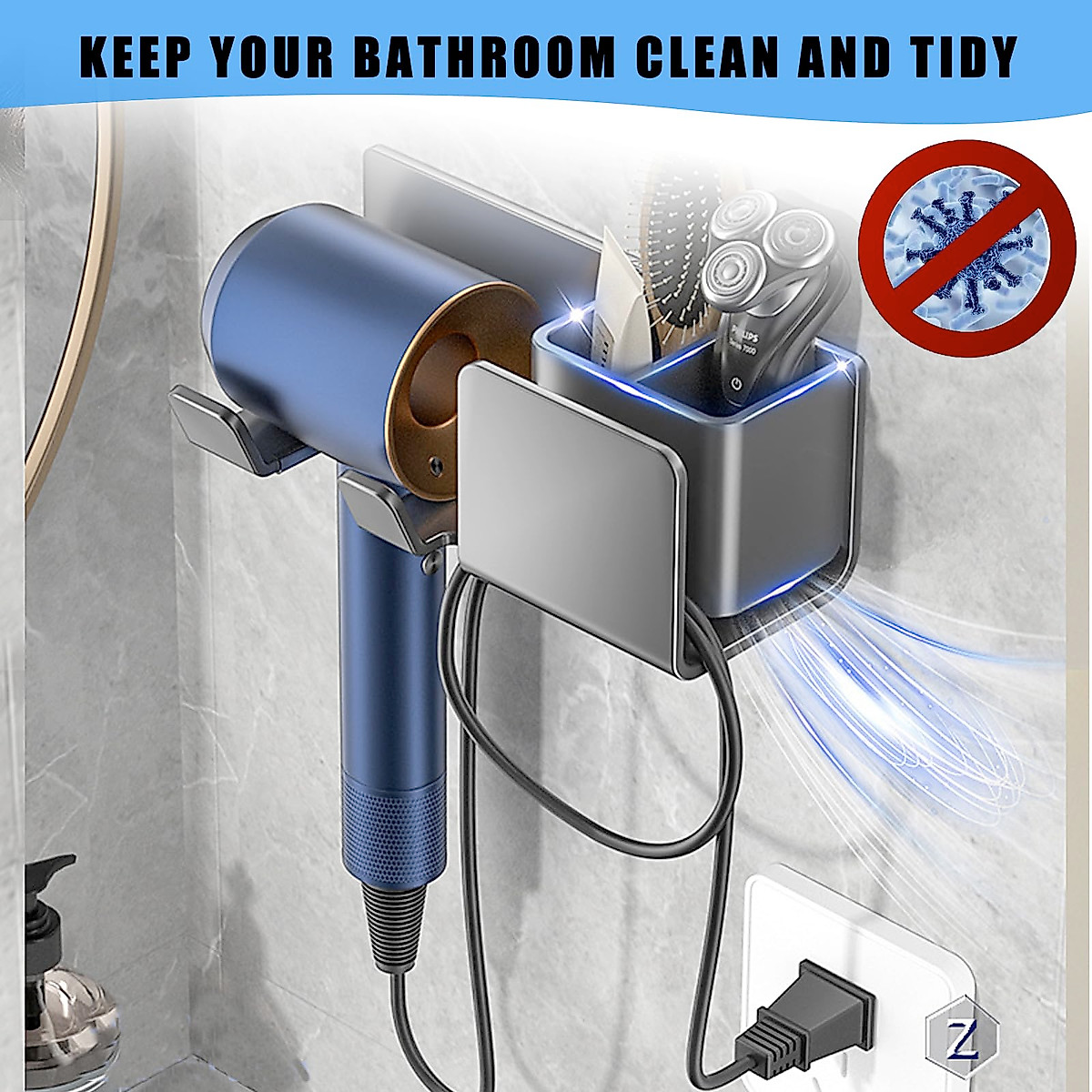 WISAZCDY Hair Dryer Holder Wall Mounted, Blow Dryer Holder for Bathroom, Double Storage Bucket Hollow Design, Ventilation & Dry, Salon, Bedroom Organizers & Storage Punch-Free Installation (Grey)