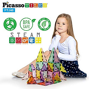 PicassoTiles Magnetic Tiles Blocks Magnet Tile Magnets Building Blocks Construction Toy Set with Reflective Leaf Flakes Magnetic Building Tiles Toys STEM Learning Kit Stacking Block Playset PTJ48