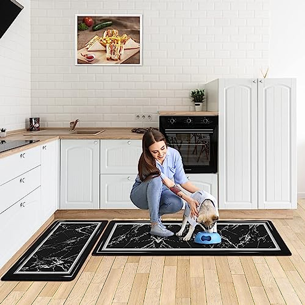ASPMIZ 2 PCS Kitchen Rugs Non Slip, Black Marble Kitchen Mats Cushioned Anti Fatigue, Comfort Standing Mat for Kitchen Floor, Marble Kitchen Rugs Sets of 2 Washable, 18'' x 48'' + 18'' x 30''