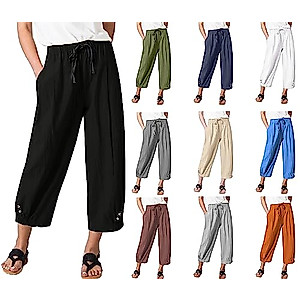 Amlztr Womens High Waist Casual Wide Leg Loose Linen Trouser Capri Wide Leg Cropped Pants with Drawstring