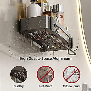 Mustorn Shower Shelves Adhesive Shower Caddy Gray Shower Organizer 2 Pack Shower Rack Rustproof Bathroom Shelf with Towel Bar and Removable Hooks