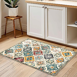 QQL 2'x3' Washable Indoor Entry Rug,Accent Door Mat Machine Soft Small Area Rug,Non-Slip Non-Shedding Faux Wool Vintage Design Boho Low Pile Throw Rugs