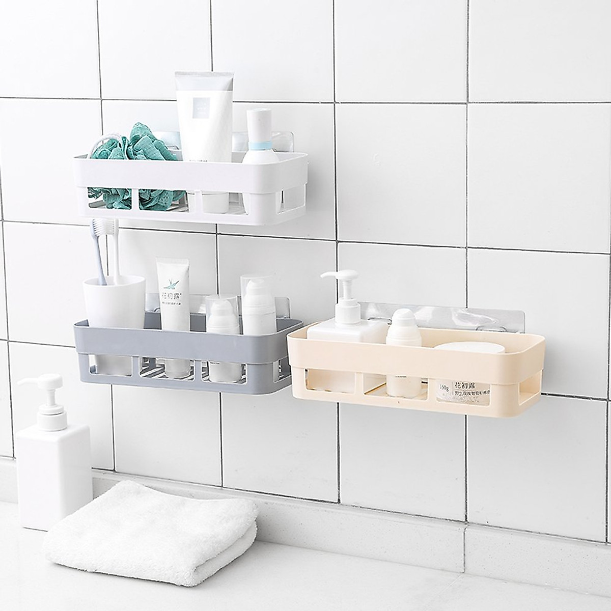 Yosoo Corner Shelf Plastic Wall Mounted Adhesive Shower Basket Storage Organizer for Home Bathroom(White)