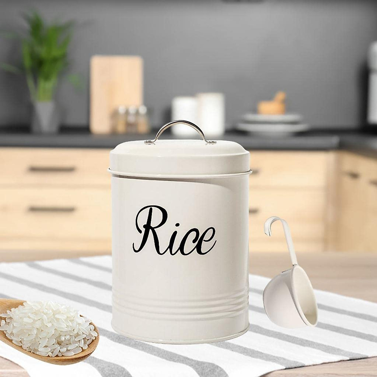 LOVIVER Rustic White Metal Vintage Food Rice Storage Tin Canister Box 3L Container