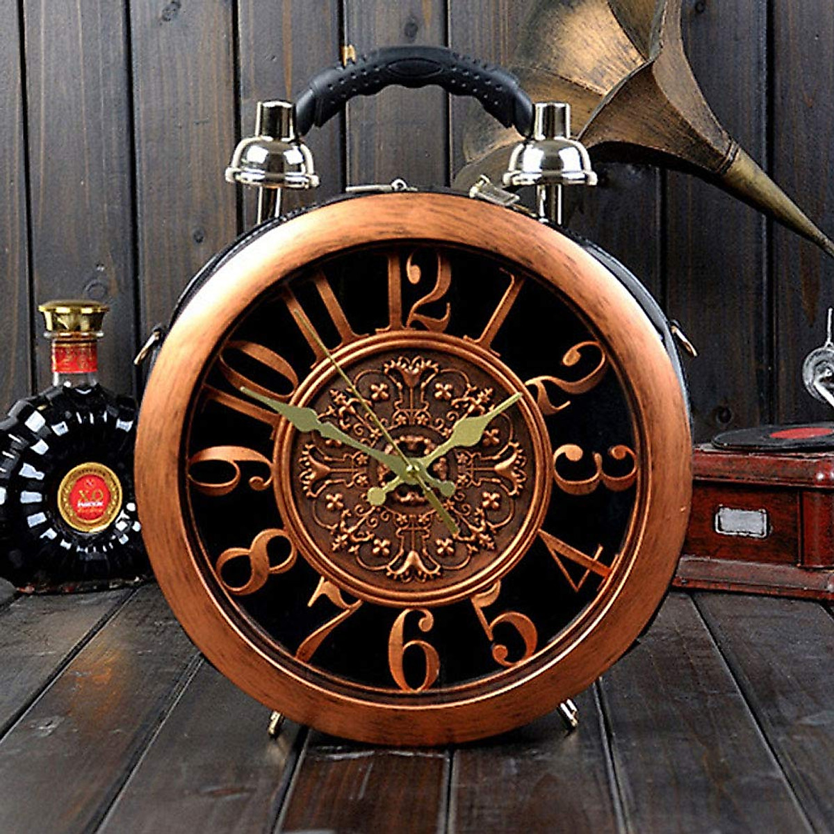 Alarm Clock Handbag Real Working Women Fashion Diagonal Shoulder Bag Leather Vintage Clock Round Box Personalized SteamPunk Style Messenger bag (A)